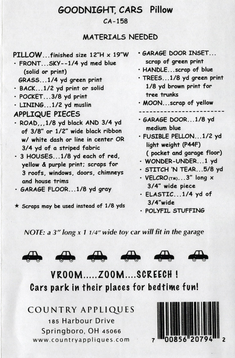 Goodnight, Cars Pillow from Country Appliques – Gigis Craft Cottage